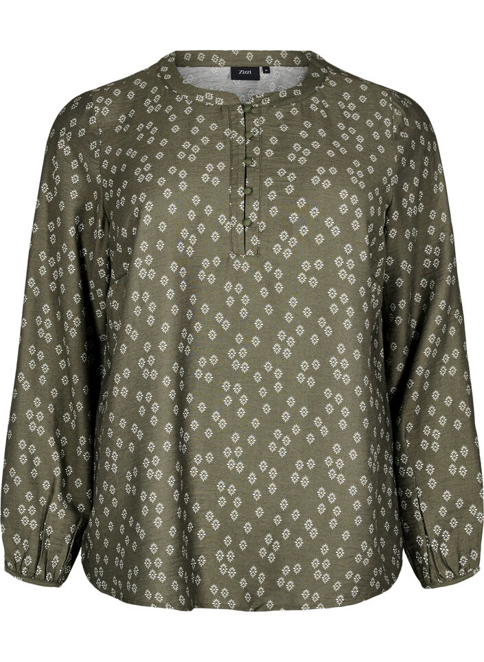 Långärmad blus med mönster och knappar - Grön - Strl. 40-64 - Zizzi