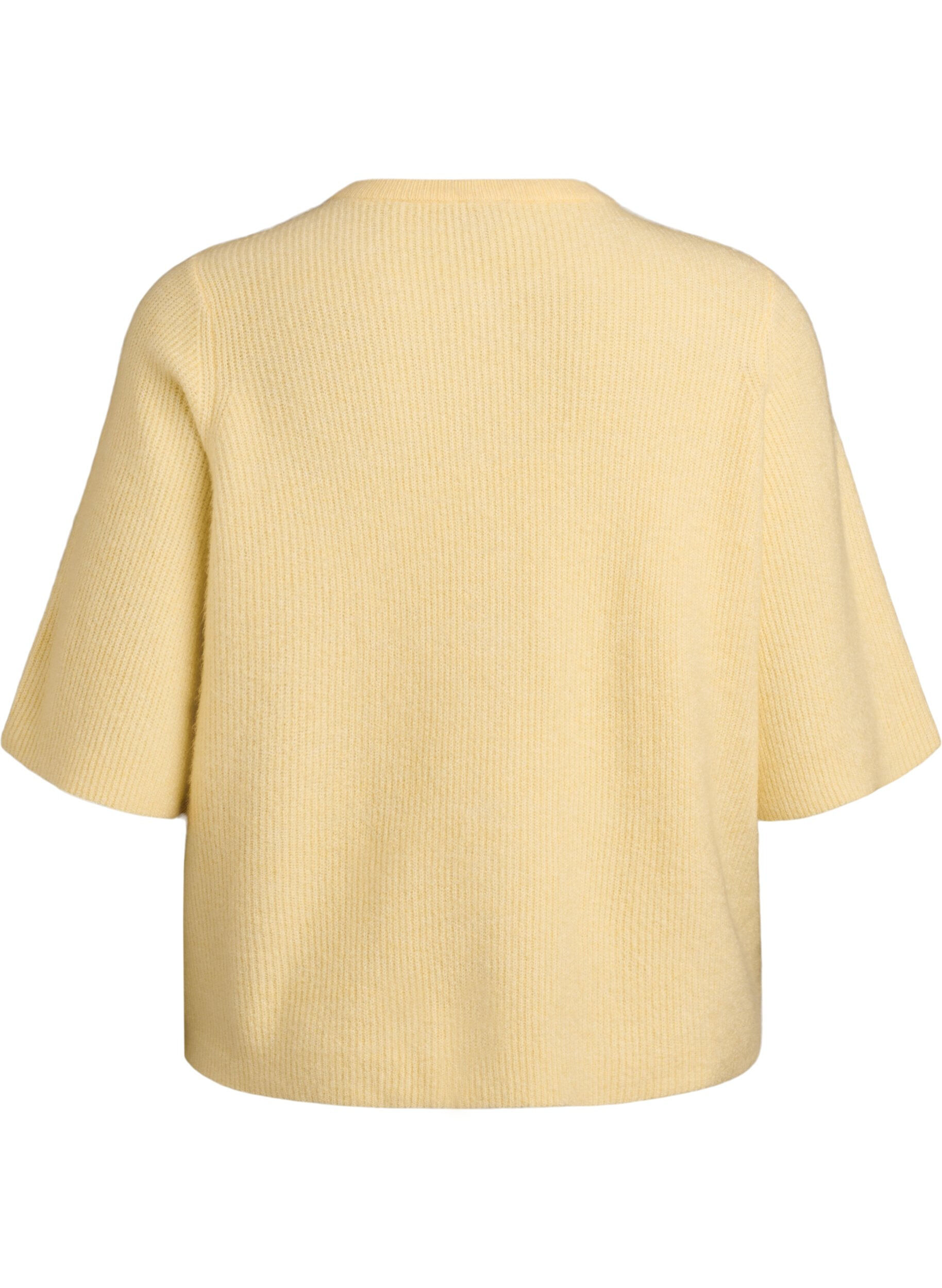 Kortärmad stickad kofta med glansiga kulknappar - Gul - Strl. XL - Zizzi