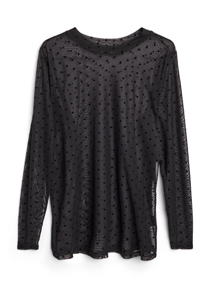Blus i mesh med prickar - Svart - Strl. S - Zizzi