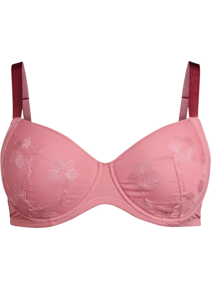 Vadderad BH med blommig brodyr - Rosa - Strl. 95B - Zizzi