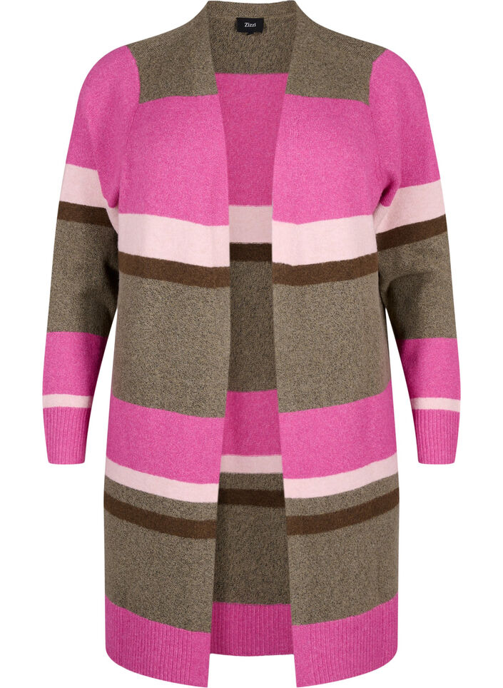 Lång stickad kofta med breda ränder - Rosa - Strl. 40-64 - Zizzi